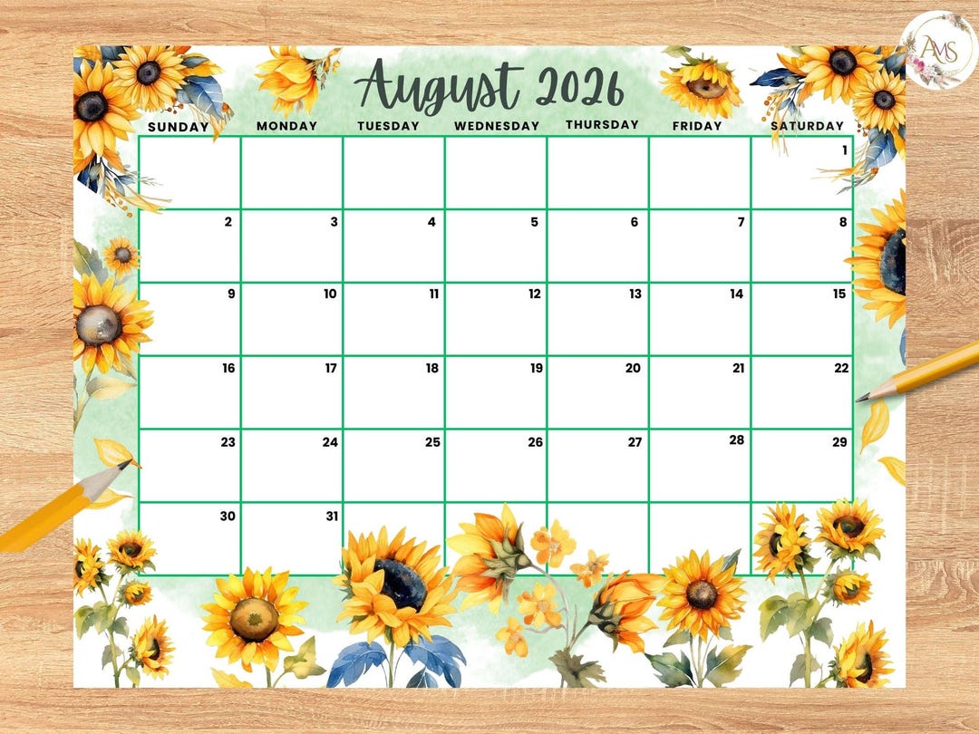 Editable August 2026 Calendar, Beautiful Sunflower Summer Planner ...
