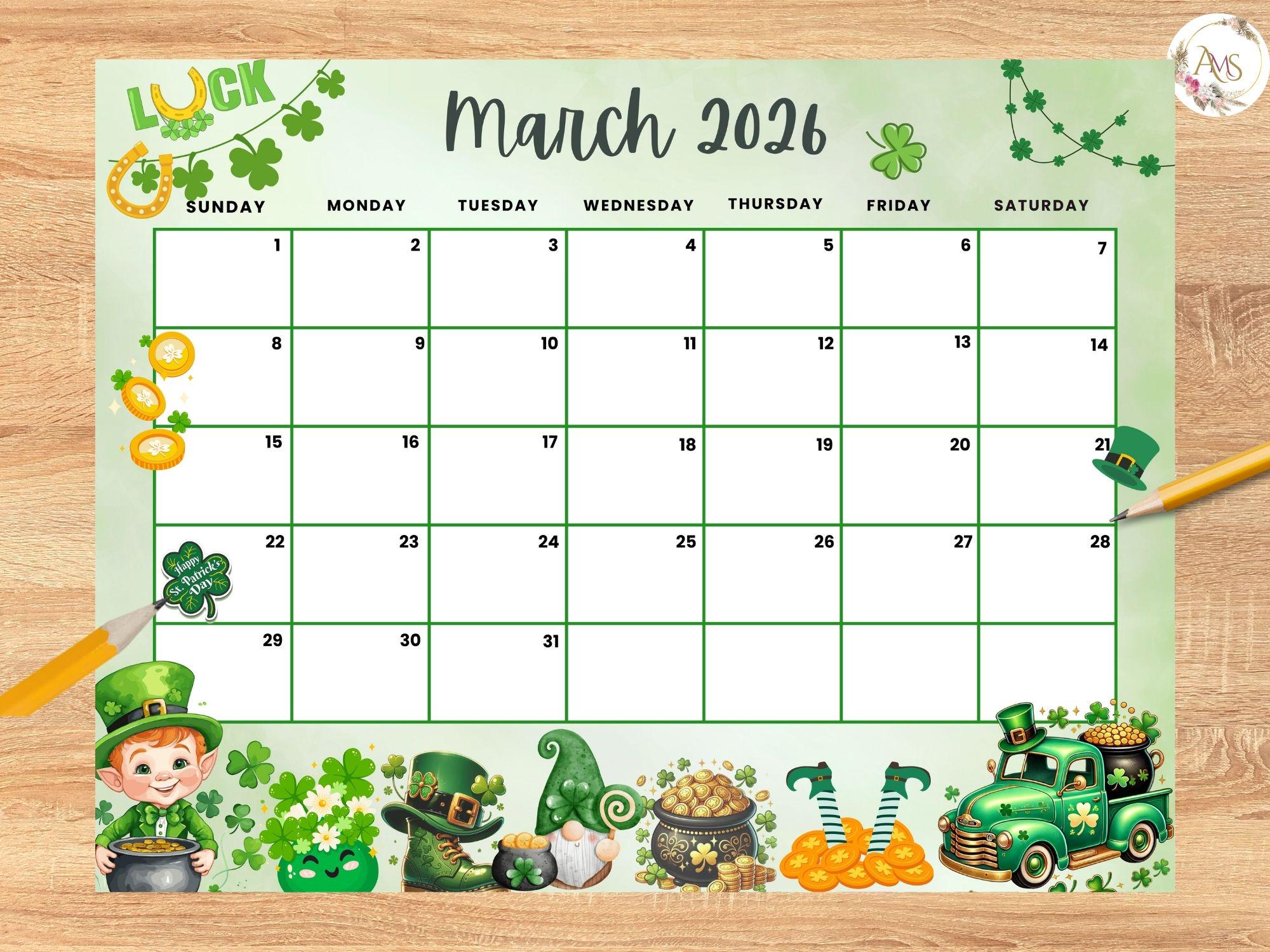 March 2026 Fillable Calendar, St. Patrick's Day Fillable March Planner ...
