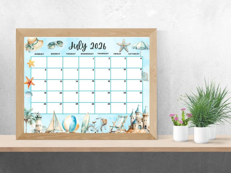 Editable July 2026 Calendar, Nautical Beach Gnome Theme Ocean Summer ...