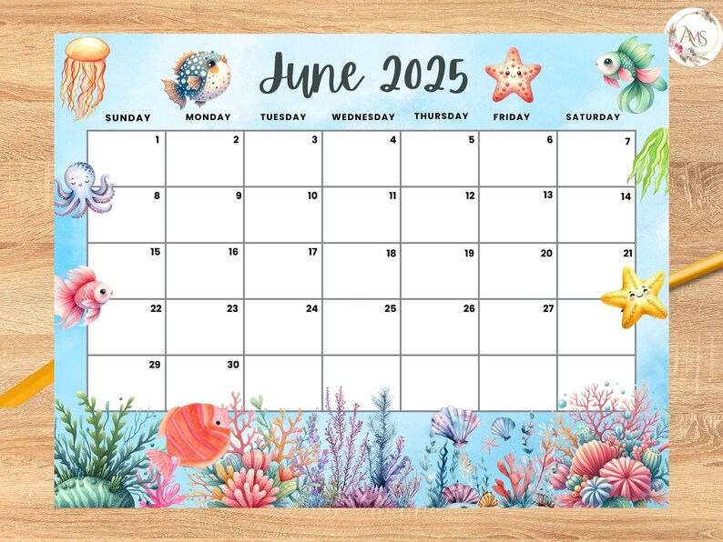 Editable June 2025 Calendar, Cute Summer Planner With Ocean Creatures ...