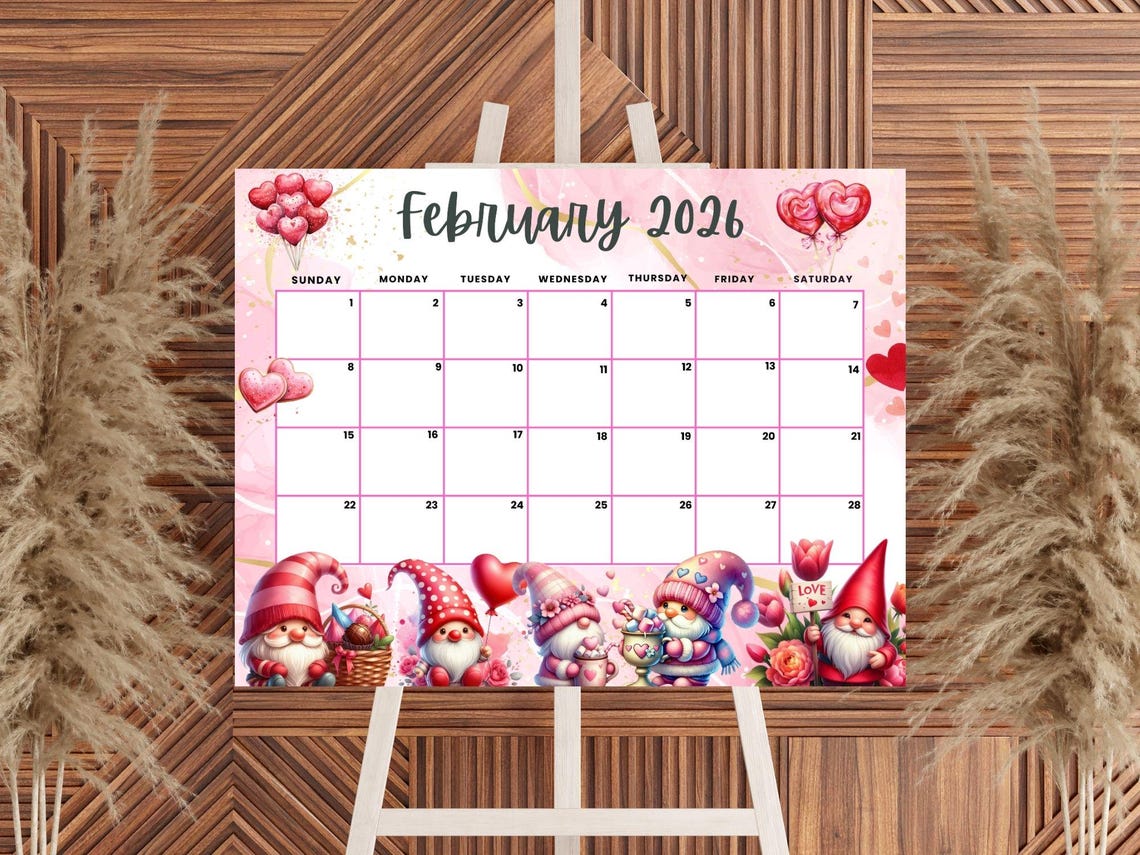EDITABLE Fillable February 2026 Calendar, Valentine With Cute Gnomes ...