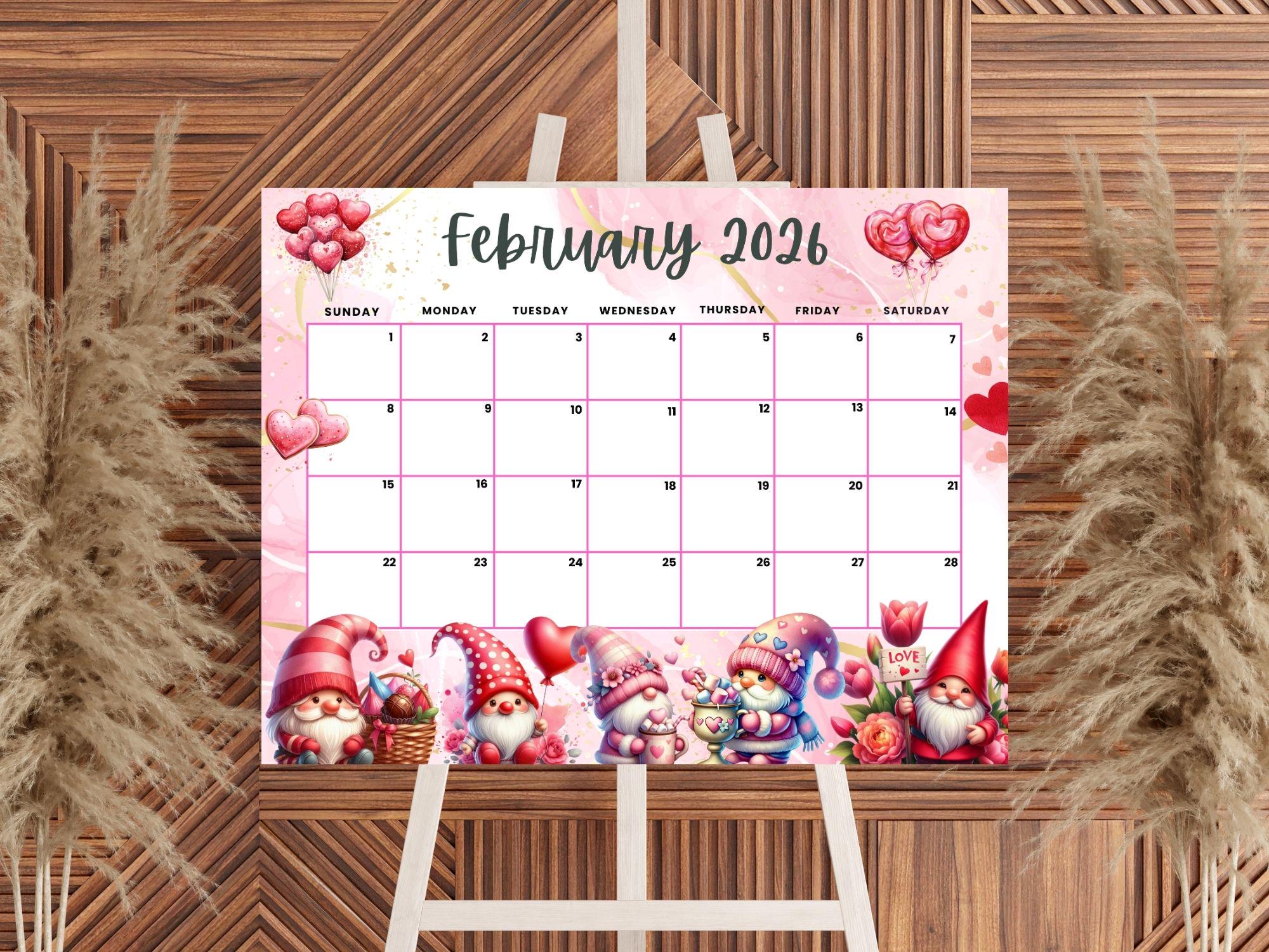 EDITABLE Fillable February 2026 Calendar, Valentine With Cute Gnomes ...