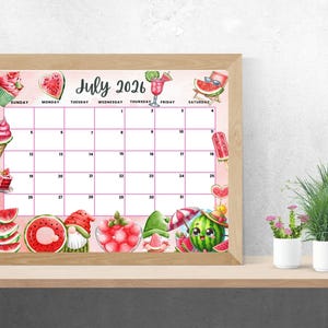 Editable July 2026 Calendar, Adorable and Refreshing Watermelon Summer ...