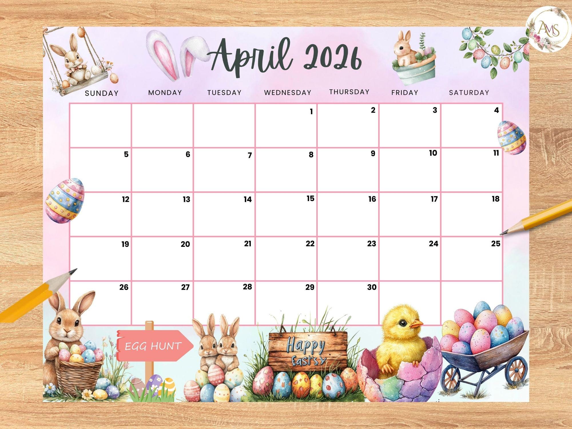 Editable April 2026 Calendar, Happy Easter With Cute Bunny, Printable ...