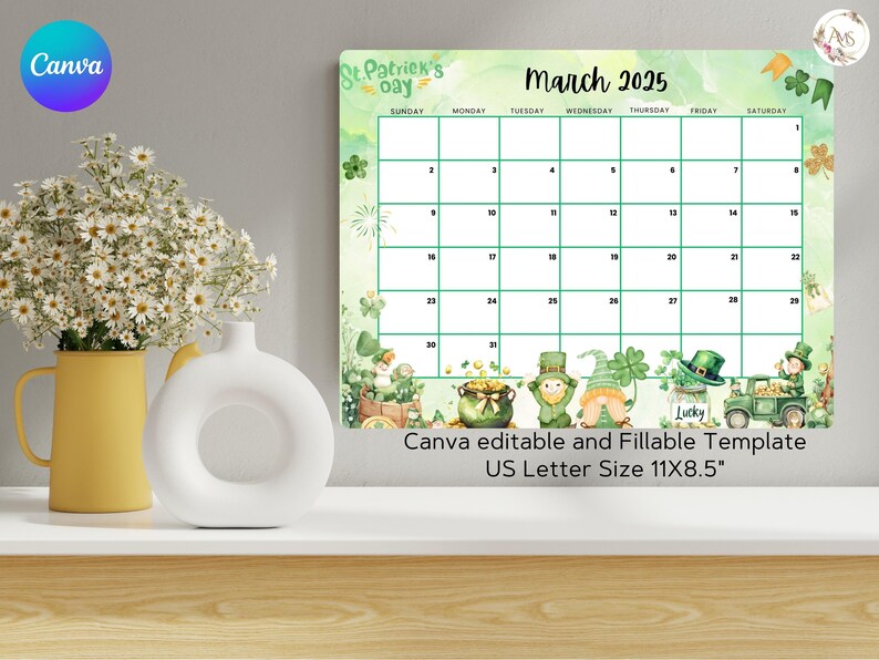 EDITABLE Fillable March 2025 Calendar, St. Patrick's Day Cute Gnome ...