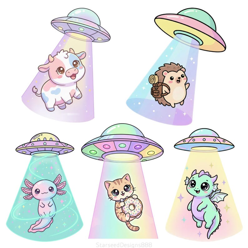 UFO Abduction Animals PNG Bundle | Kawaii Space Animal Clipart - Etsy