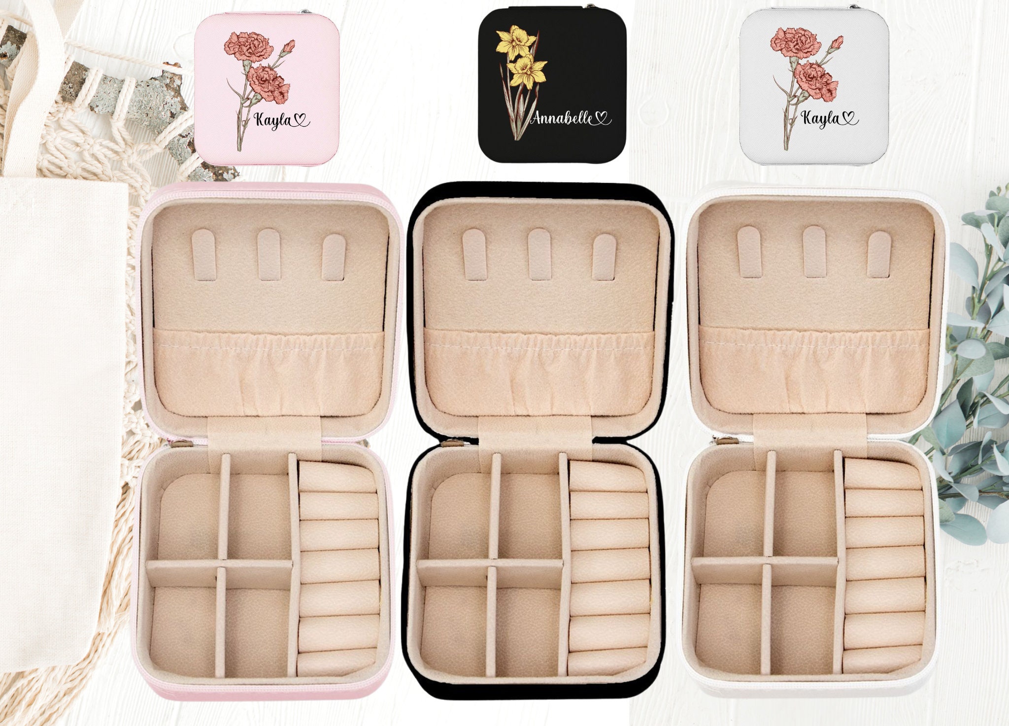 Custom Birth Flower Jewelry Box, Personalized Jewelry Travel Case ...