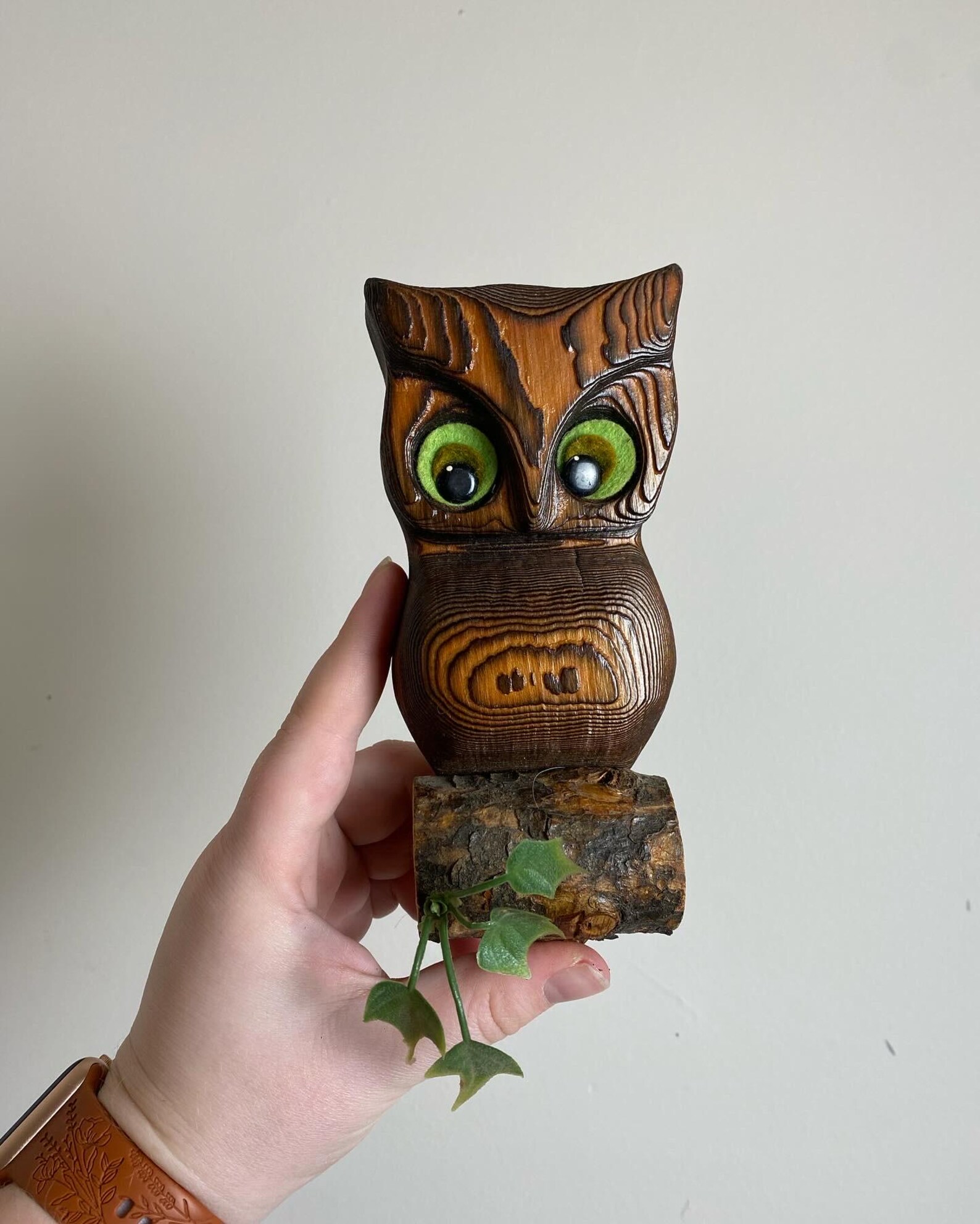 Mid-century Modern Carved Burnt Wood Owl on Log Wall Hanging - Etsy