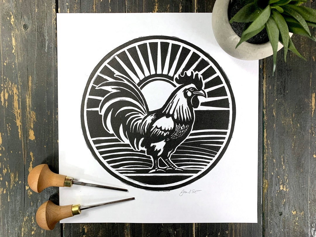 Original Linocut Art Print, Rooster, Printmaking Relief Print, Block ...