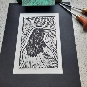 Original Magpie Linocut Print: Hand Made Aboard Narrowboat Charlamy and ...
