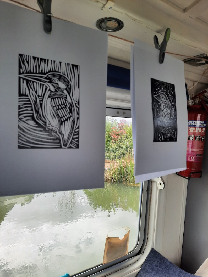 Original Raven Linocut Print: Hand Made Aboard Narrowboat Charlamy and ...