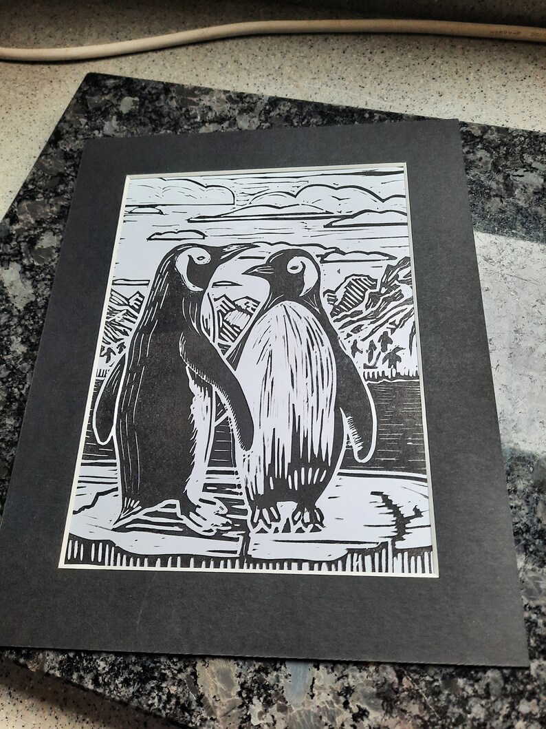 Original Penguin Linocut Print : Hand Made Aboard Narrowboat Charlamy ...