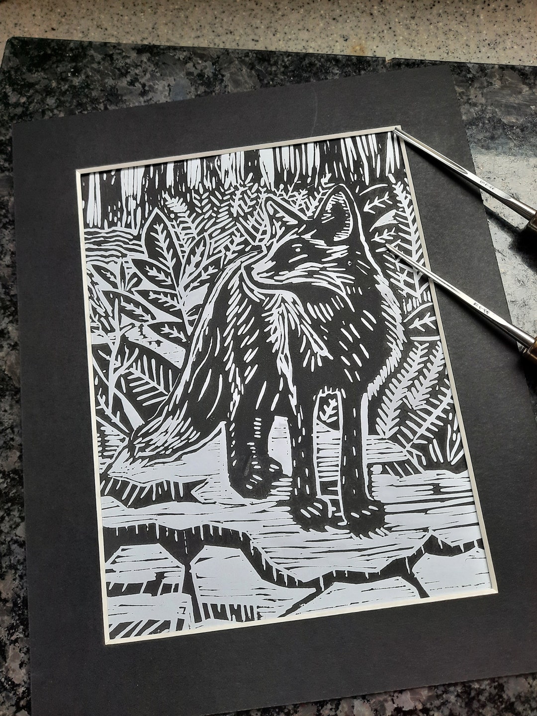 Original Fox Linocut Print : Hand Made Aboard Narrowboat Charlamy and ...