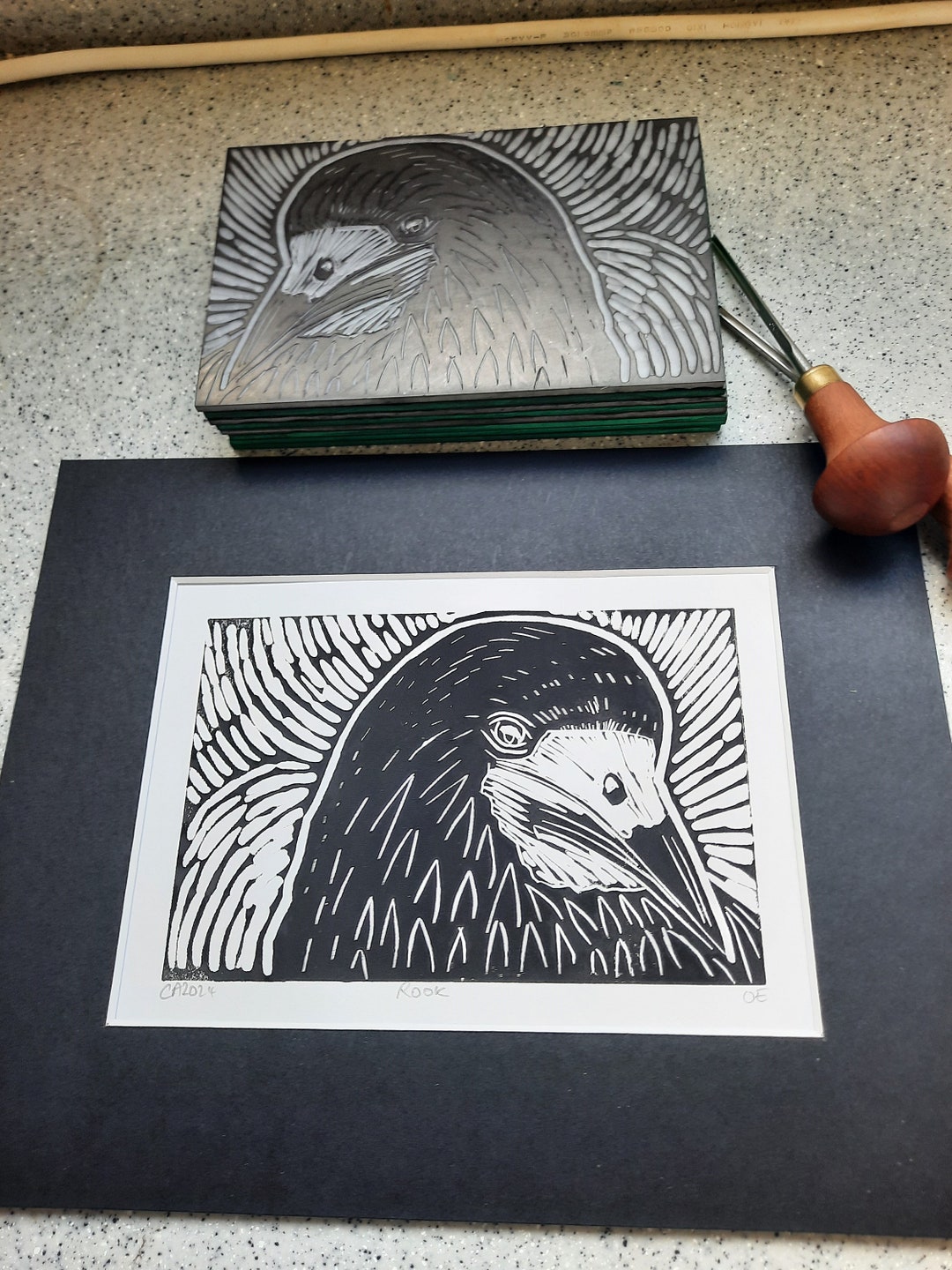 Original Rook Linocut Print: Hand Made Aboard Narrowboat Charlamy and ...