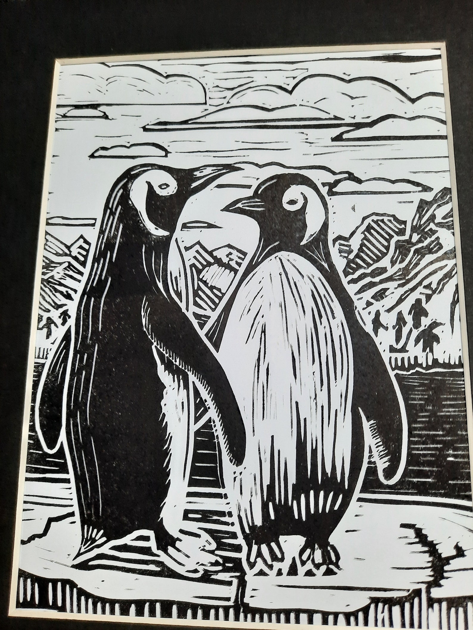 Original Penguin Linocut Print : Hand Made Aboard Narrowboat Charlamy ...