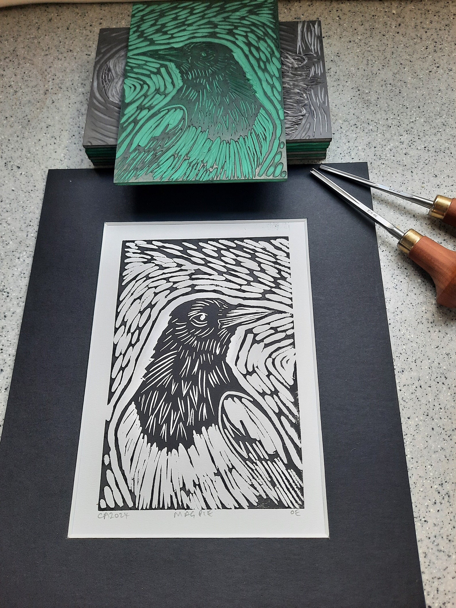 Original Magpie Linocut Print: Hand Made Aboard Narrowboat Charlamy and ...