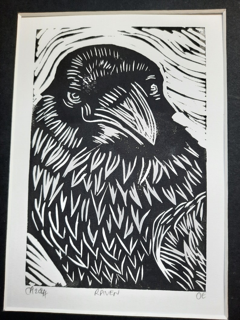 Original Raven Linocut Print: Hand Made Aboard Narrowboat Charlamy and ...