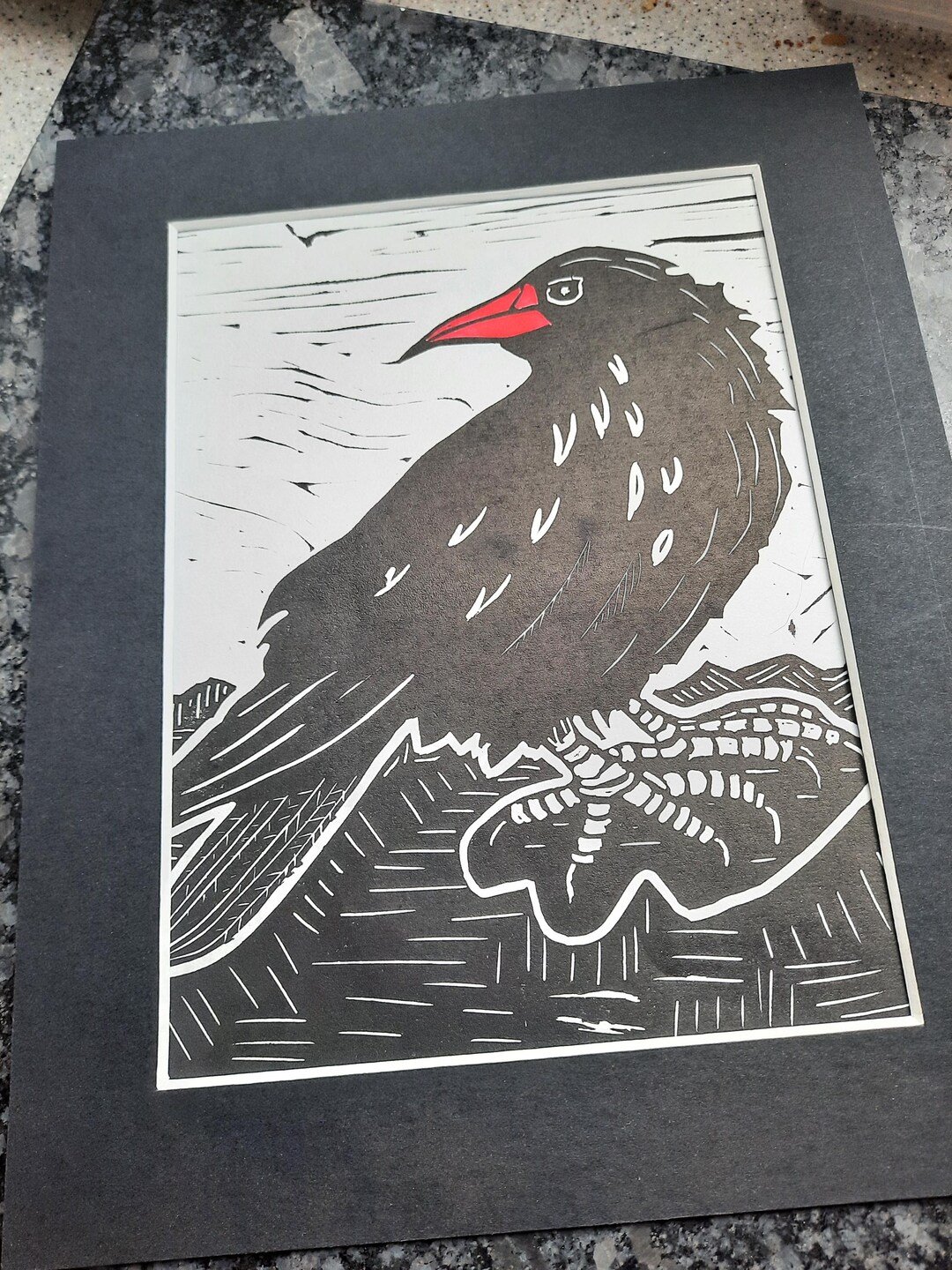 Original Chough Hand Coloured Linocut Print: Hand Made Aboard ...