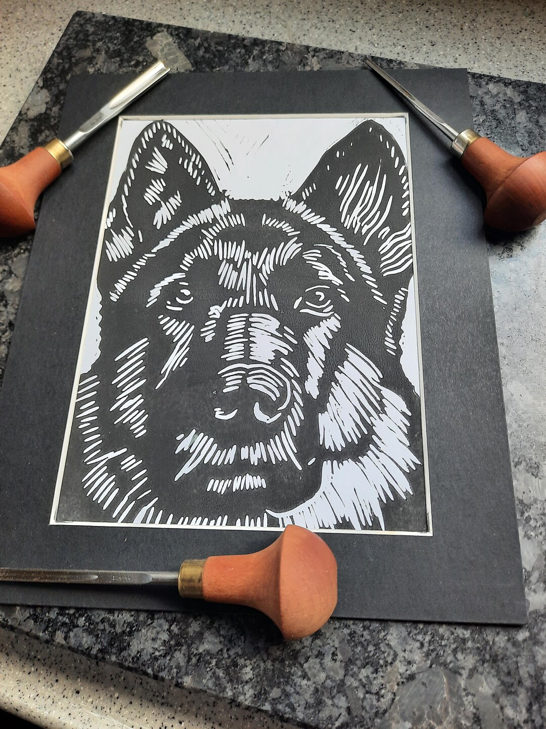 Original German Shepherd Face Linocut Print : Hand Made Aboard ...