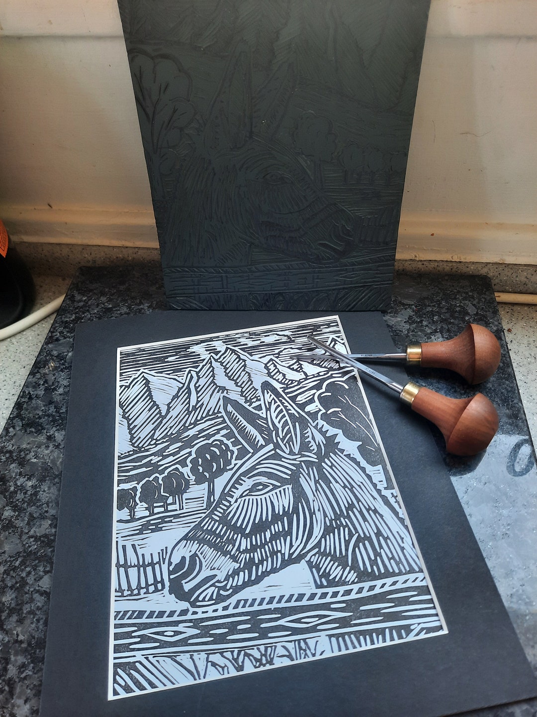 Original Donkey Linocut Print : Hand Made Aboard Narrowboat Charlamy ...