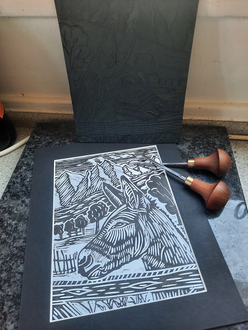 Original Donkey Linocut Print : Hand Made Aboard Narrowboat Charlamy ...