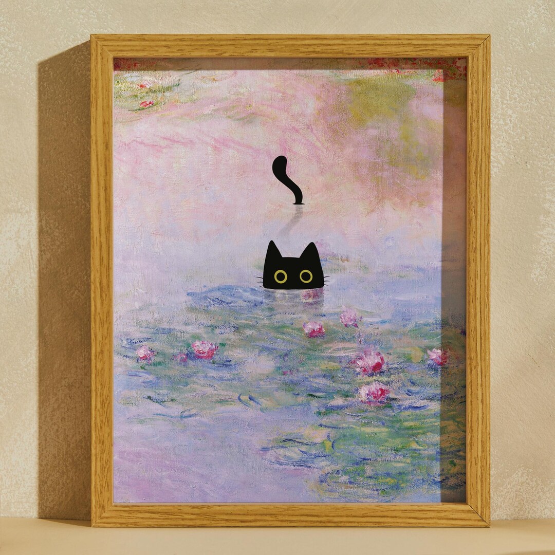 Monet Waterlily Cat Print, Claude Monet Cat Poster, Cat Art, Floral ...