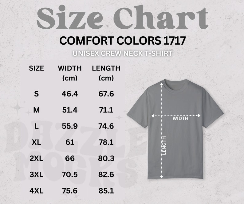 Comfort Colors 1717 Tshirt Size Chart in Centimeters CM, C1717 Unisex ...