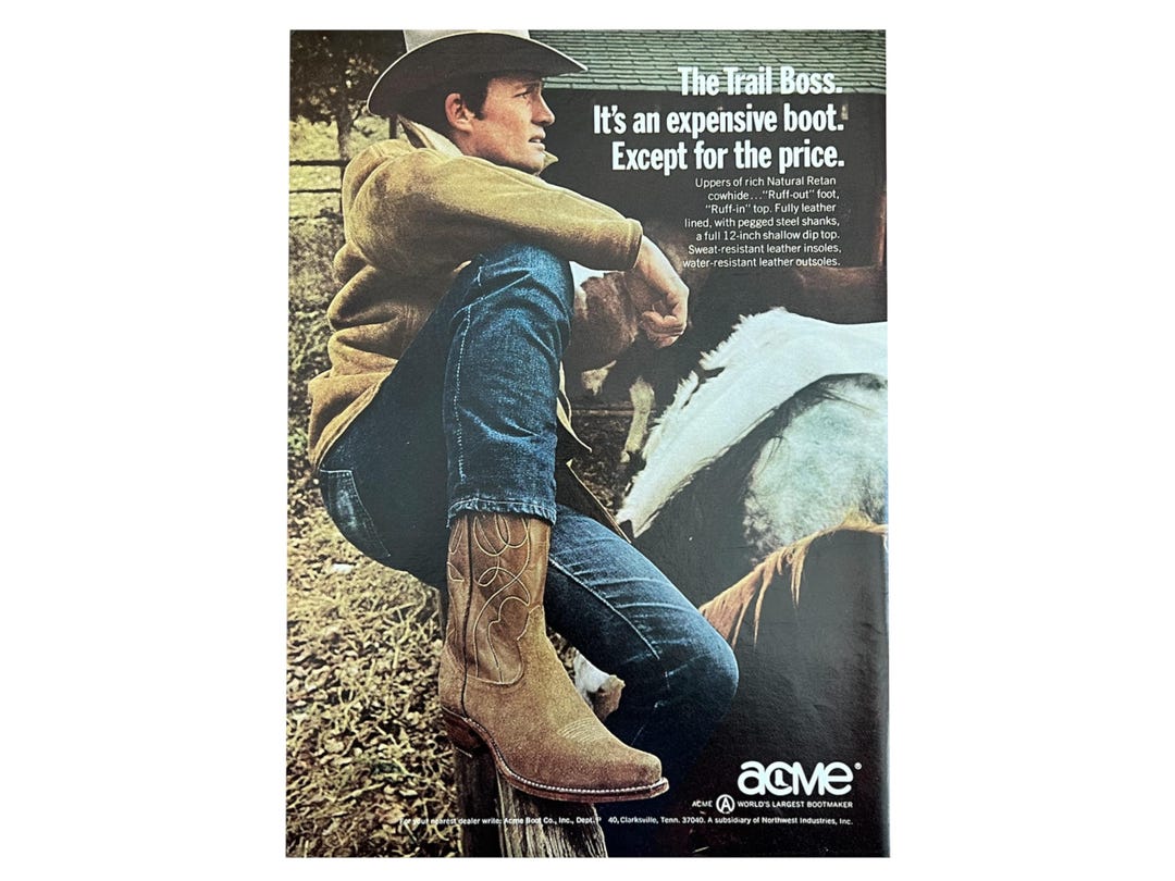 Vintage 1970s ACME Boots Ad, Original 70s Print, Western Cowboy Wall ...