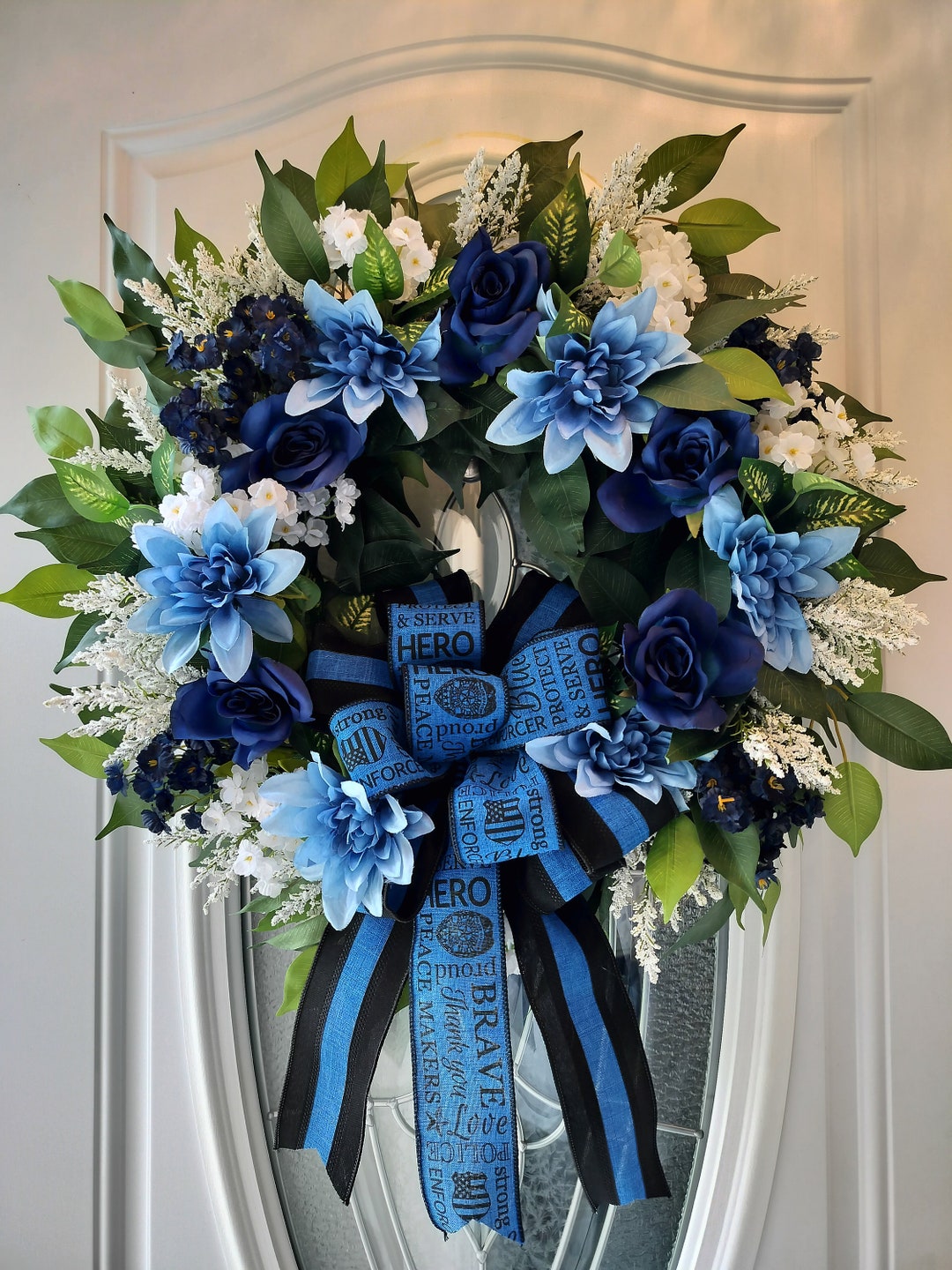 Police Thin Blue Line Wreath, Floral Wreath, Blue and Black Wreath ...