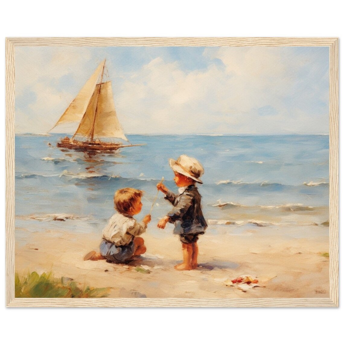 Nursery Art Print, children Playing by the Sea, Beach Oil Painting ...