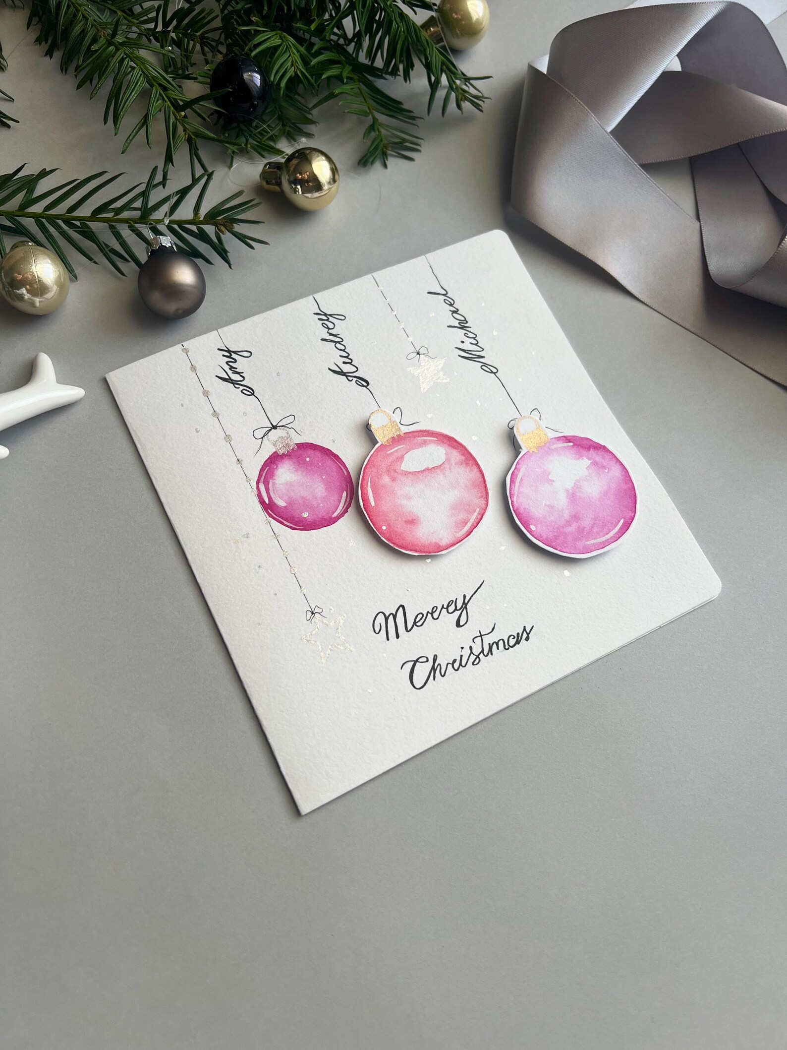 Personalized Christmas Card With Names , Hand-painted Festive Card With ...