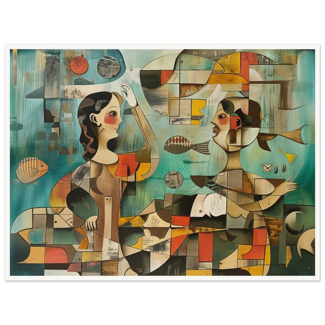 Cubist Mermaids Art Print | Abstract Geometric Fish | Teal Orange ...