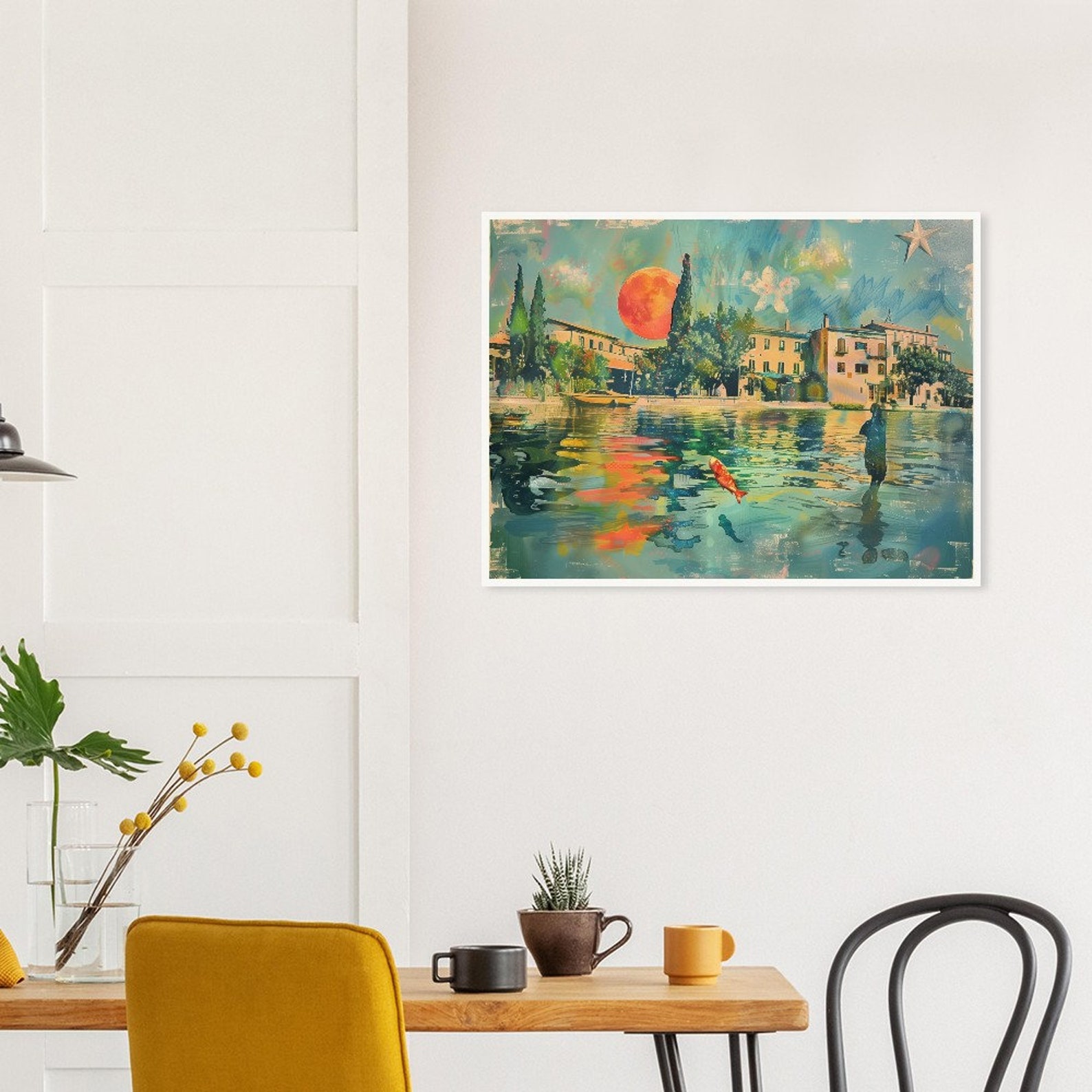 Italian Waterside Village Print | Surreal Fish Art | Teal Orange ...