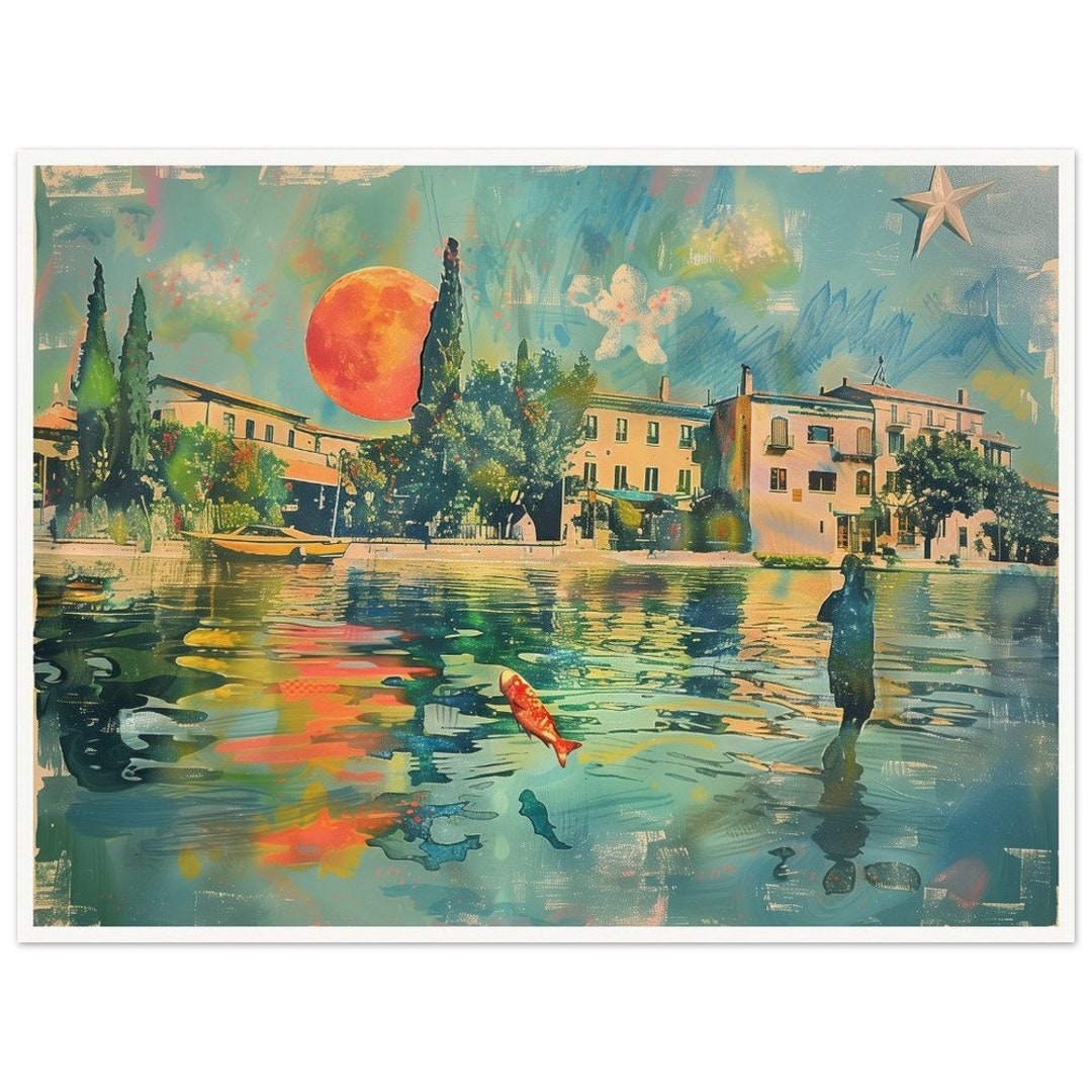 Italian Waterside Village Print | Surreal Fish Art | Teal Orange ...