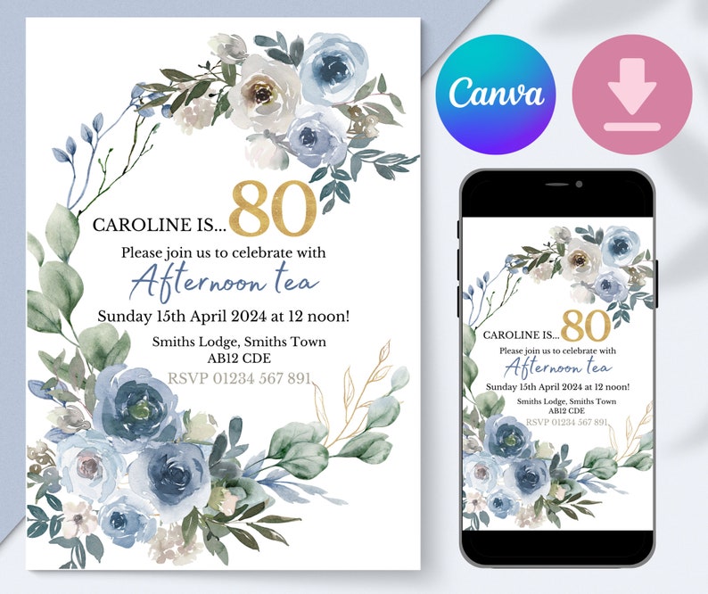 Eighty 80th Birthday Party Invitation Floral Blue Gold Editable
