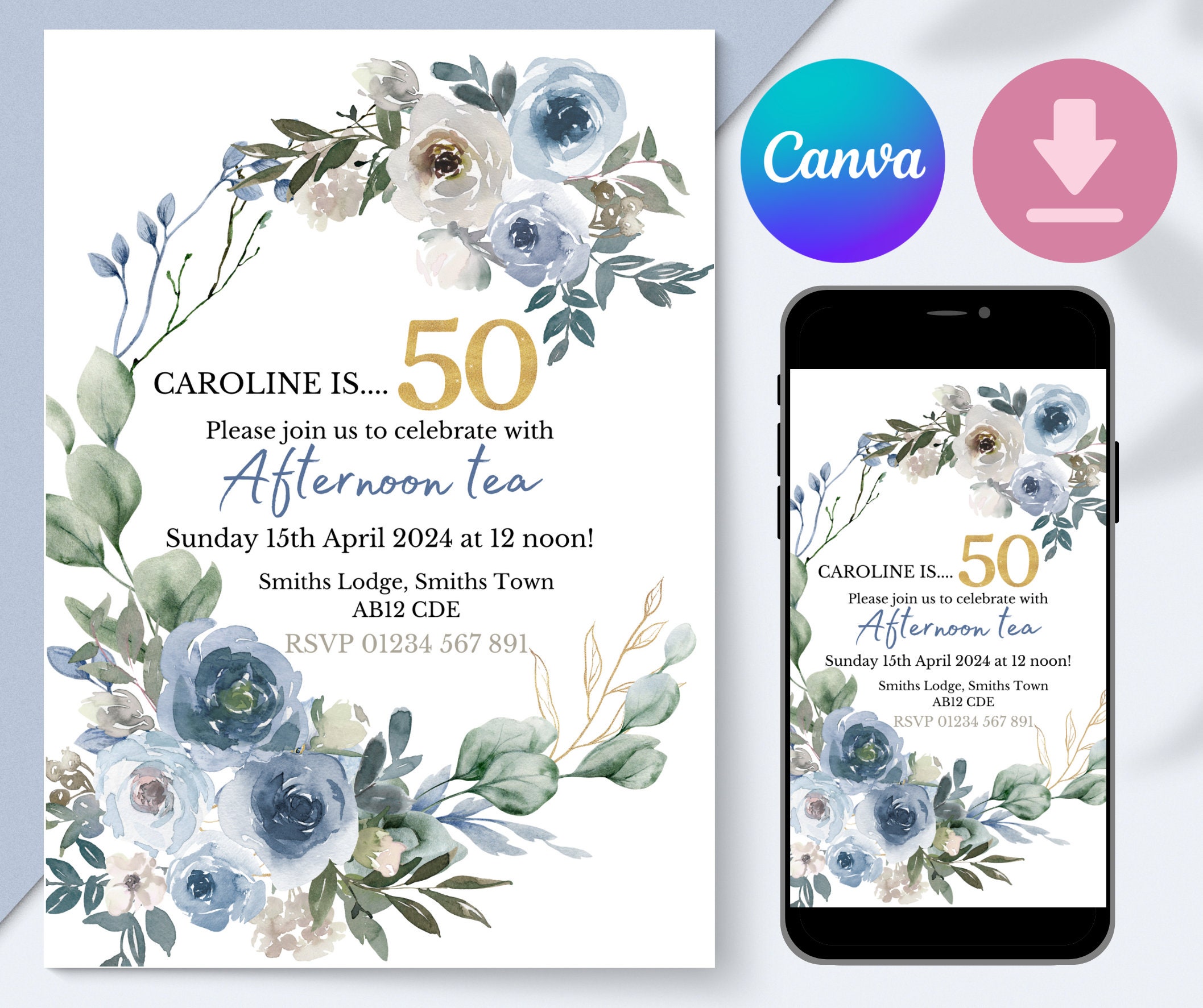 Fifty 50th Birthday Party Invitation | Floral Blue Gold | Editable ...