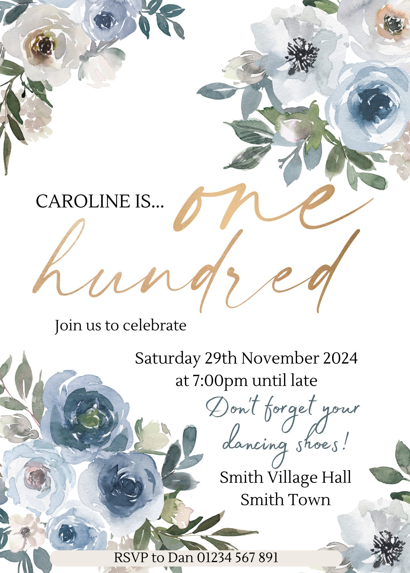 100th One Hundred Birthday Party Invitation | Floral Blue | Editable ...