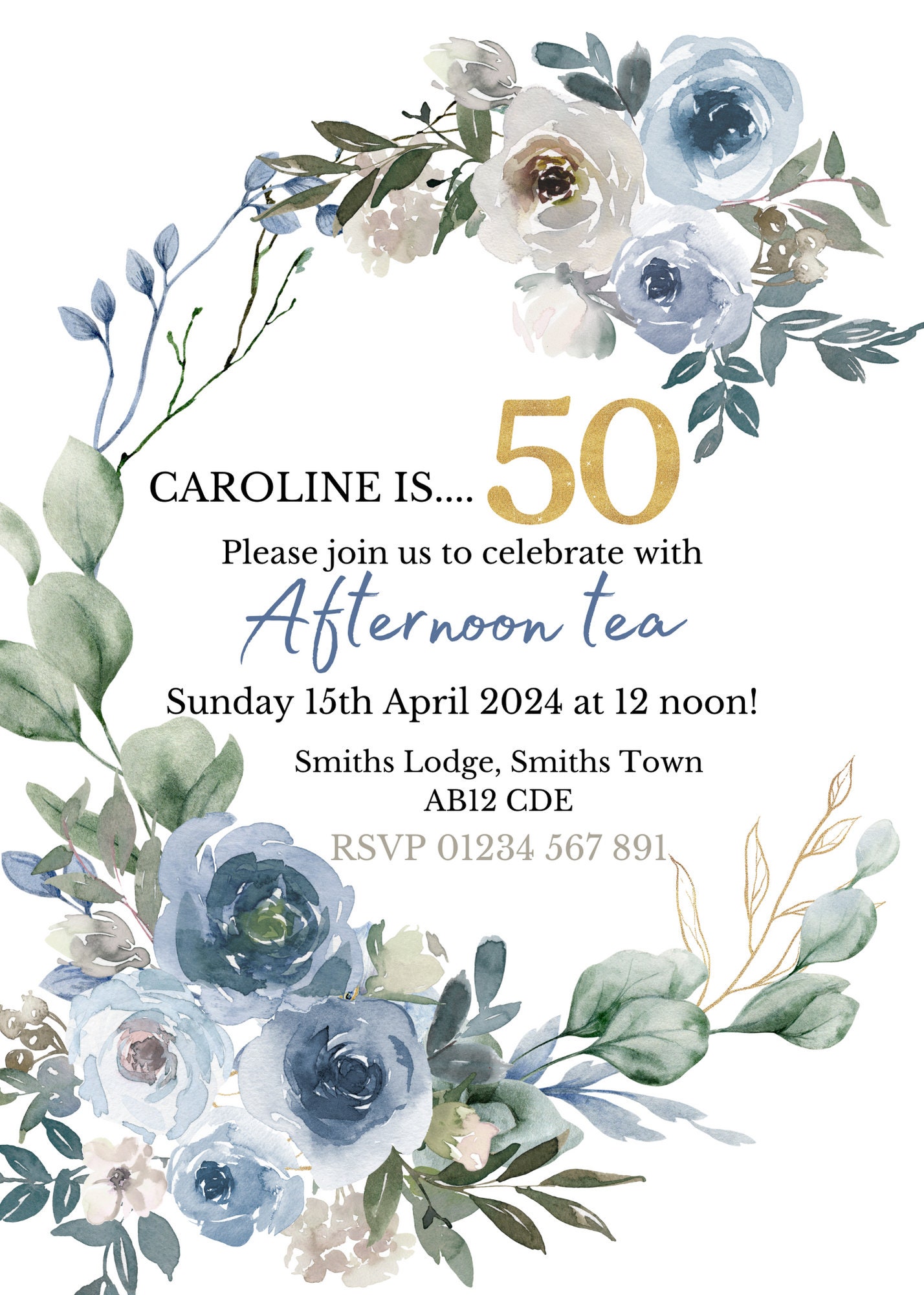 Fifty 50th Birthday Party Invitation Floral Blue Gold Editable Template ...