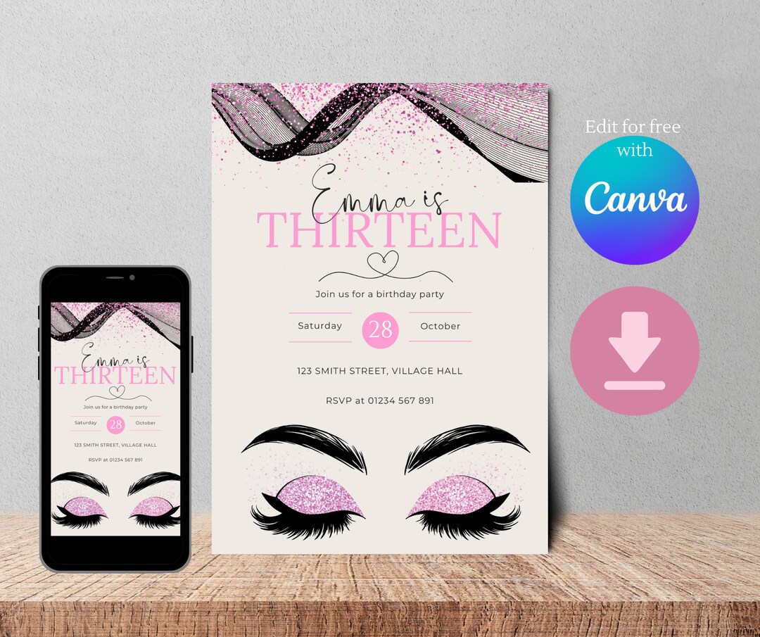 Thirteen Lashes Birthday Invitation, Teen Makeup Girls Glam Mascara ...