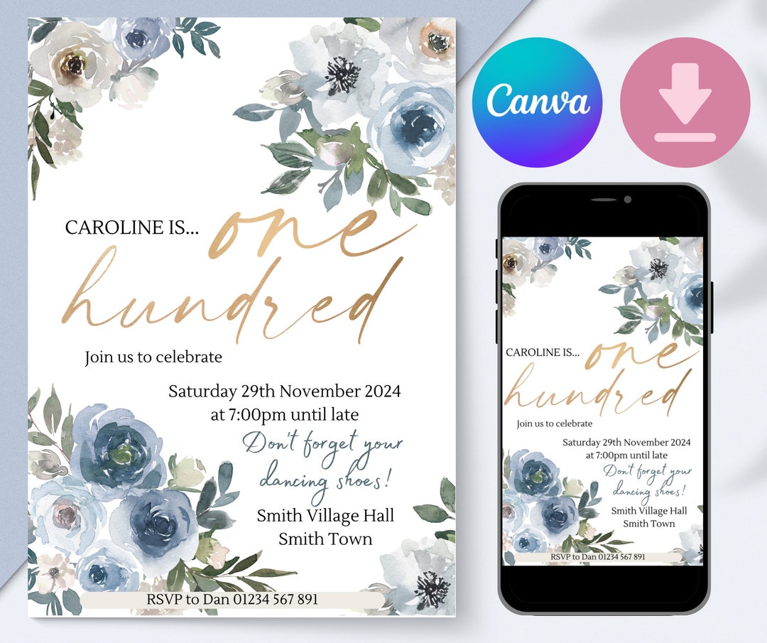 100th One Hundred Birthday Party Invitation Floral Blue Editable ...