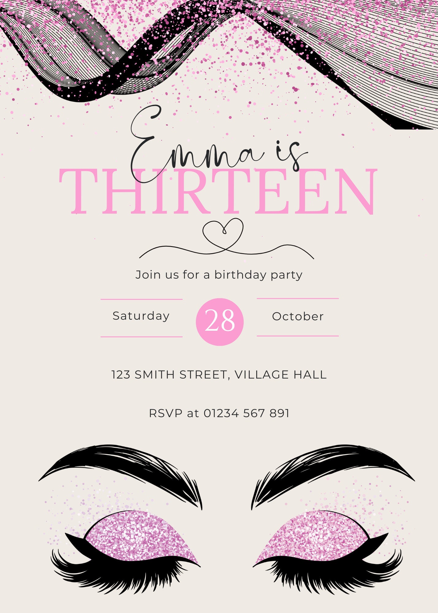 Thirteen Lashes Birthday Invitation, Teen Makeup Girls Glam Mascara ...
