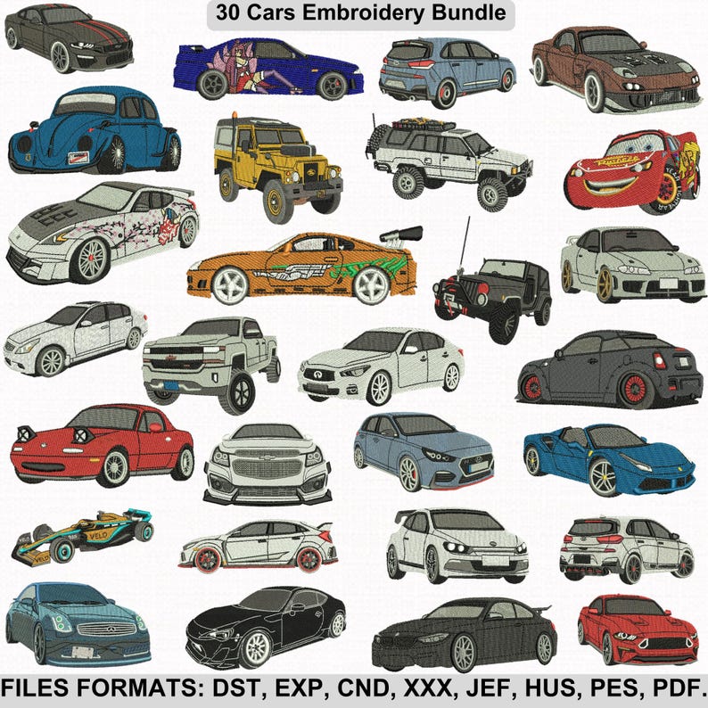 30 Cars Embroidery Bundle, Sports, Classic, Muscle, JDM, Off-road ...
