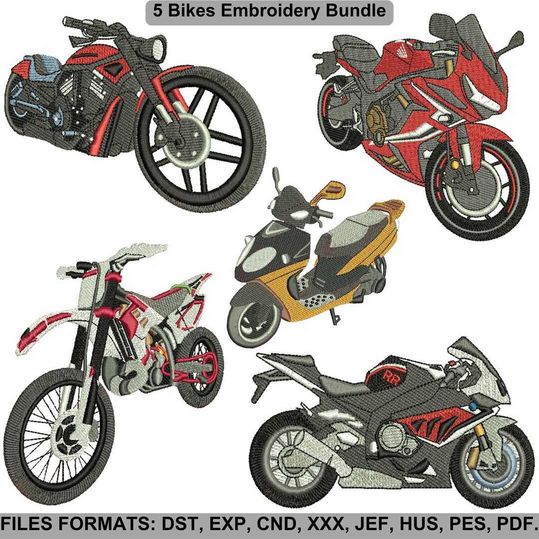 5 Bike Embroidery Designs Bundle, Motorcycle Embroidery Files, Sport ...
