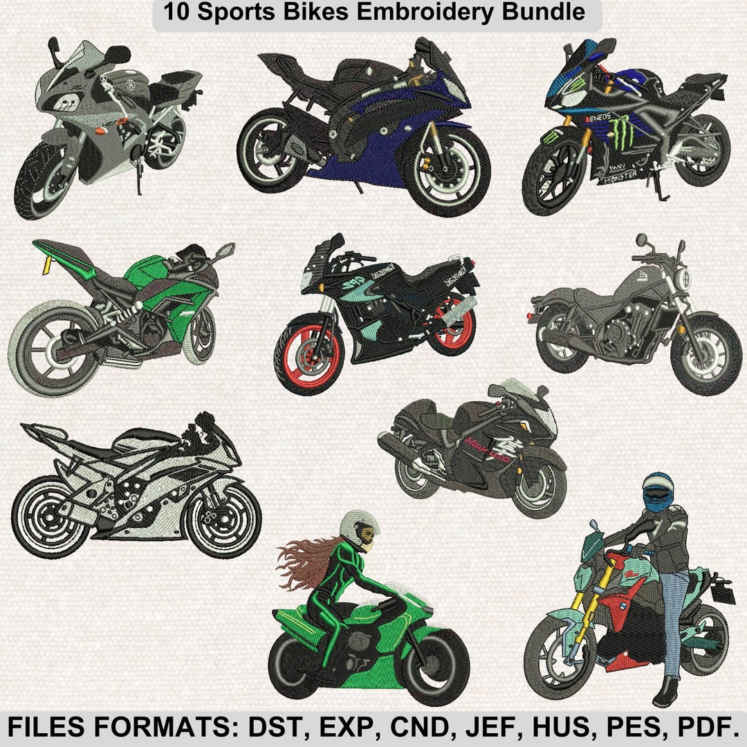 10 Sports Bike Embroidery Designs Bundle, Ninja, Hayabusa, Yamaha ...