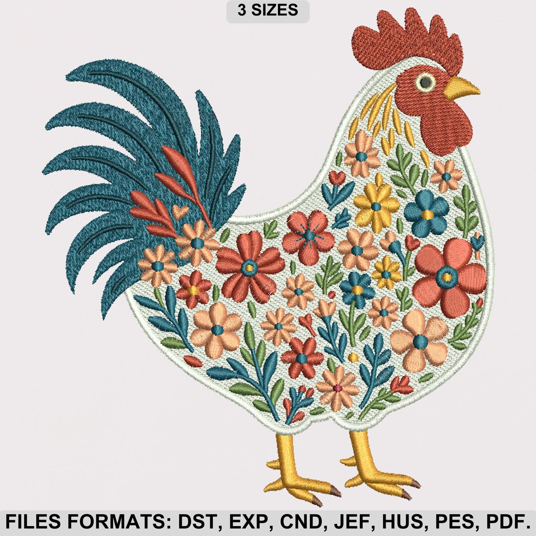 Floral Chicken Machine Embroidery, Rooster Machine Embroidery Pattern ...
