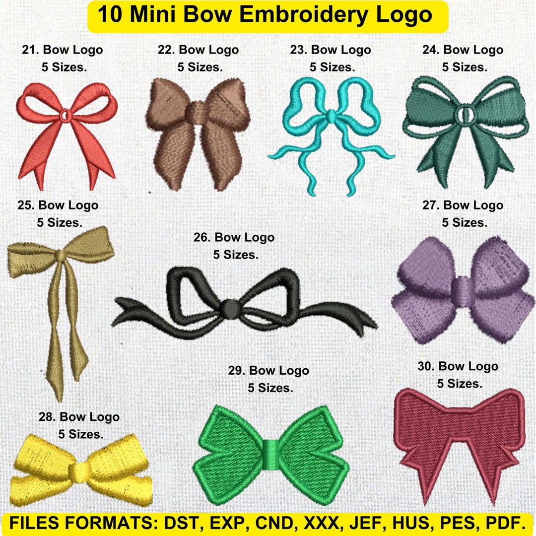 Set of 10 Styles Mini Bow Embroidery Design , Simple Bow Embroidery ...