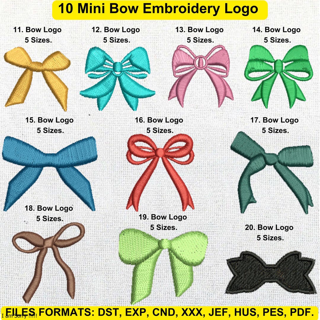Mini Bow Embroidery Design Set of 10 Styles, Simple Bow Embroidery ...