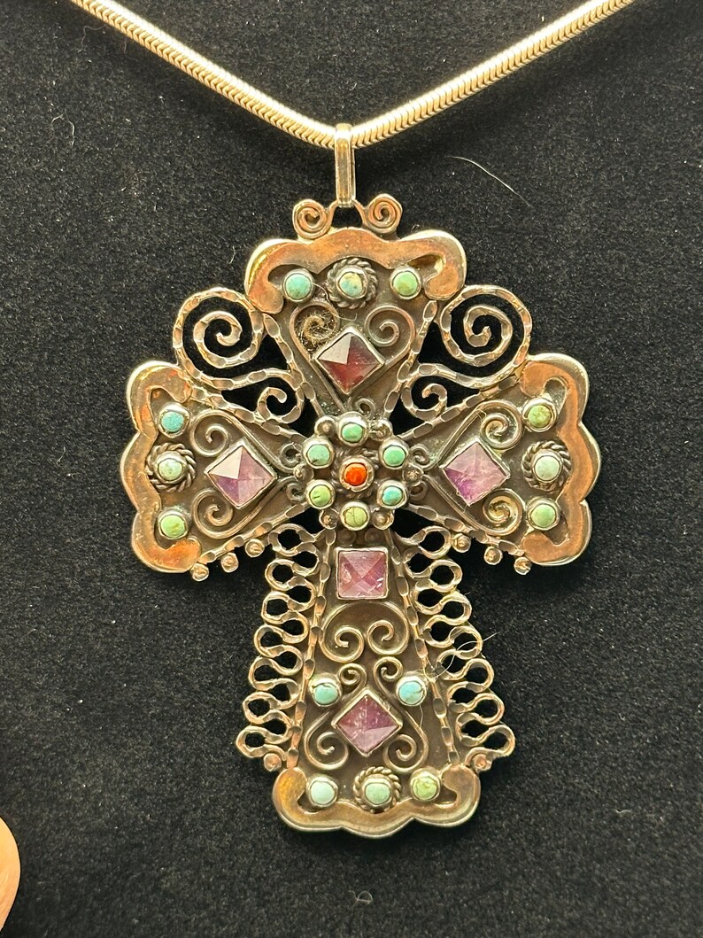 Large Mexican Sterling Silver Cross With Amethyst, Turquoise, and Coral ...