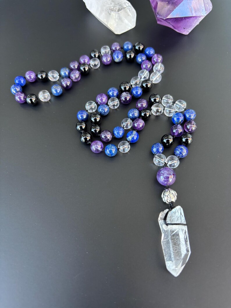 Hand Knotted Amethyst Lapis Lazuli Black Tourmaline Half Mala Necklace ...