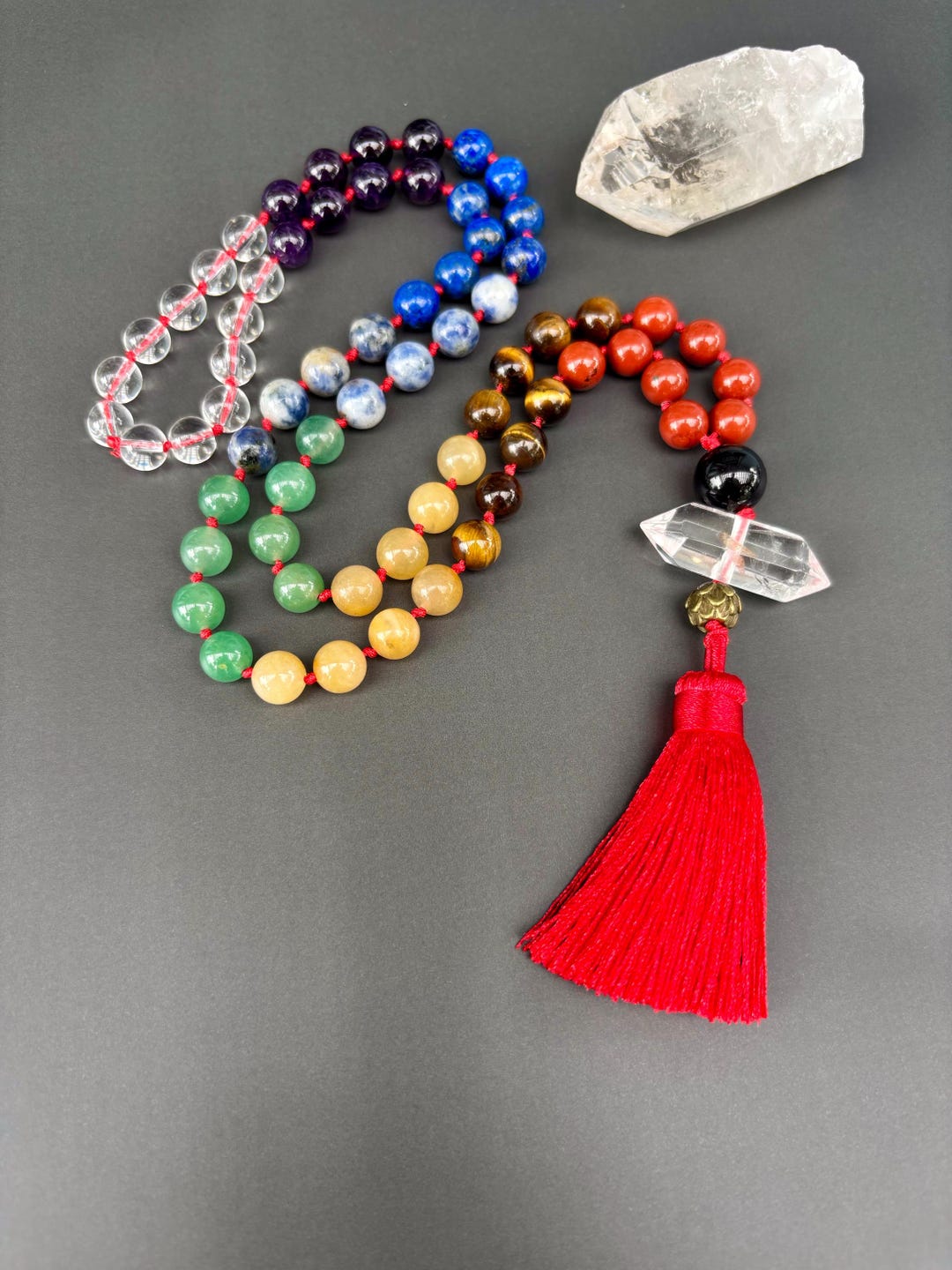 Chakra Half Crystal Mala Necklace: Clear Quartz Pendant Rainbow Beads ...